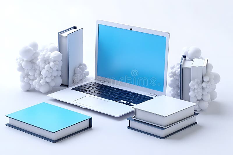 Laptop Setup with Books and Clouds Minimalist Studio Digital Workspace ...