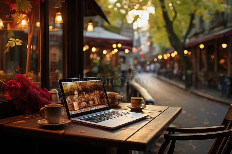 Laptop Setup in the Outdoor Coffee Shop. AI Generated Stock ...