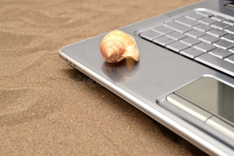 Laptop and shell on sand stock photo. Image of communications - 42500434