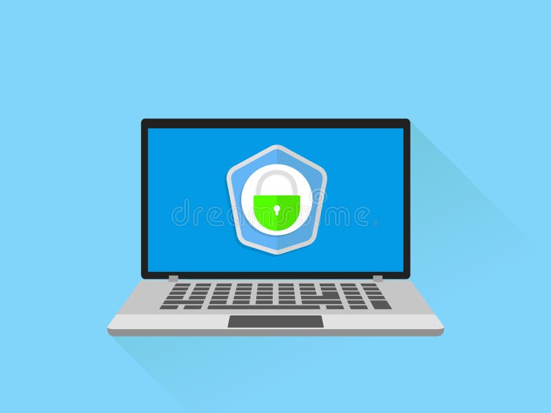 Laptop with Shield and Lock on Table. Computer Security Concept Stock ...