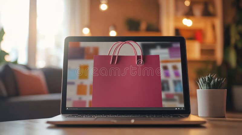 Laptop with Shopping Bag on Screen in Vibrant Setting Stock ...
