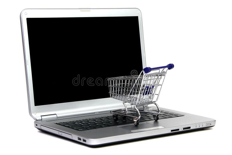 Laptop and shopping cart stock photo. Image of online - 22054418