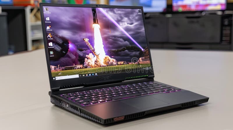 A Laptop Showcases a Captivating Rocket Launch with Smoke and Flames ...