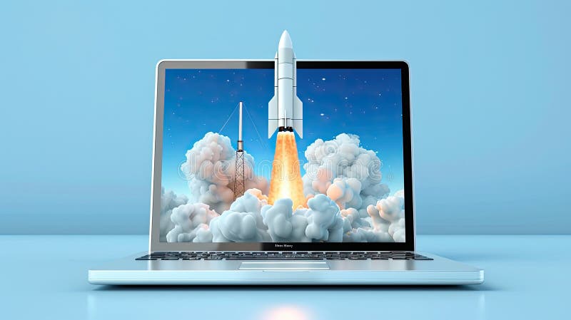 A Laptop Showcases a Captivating Rocket Launch with Smoke and Flames ...