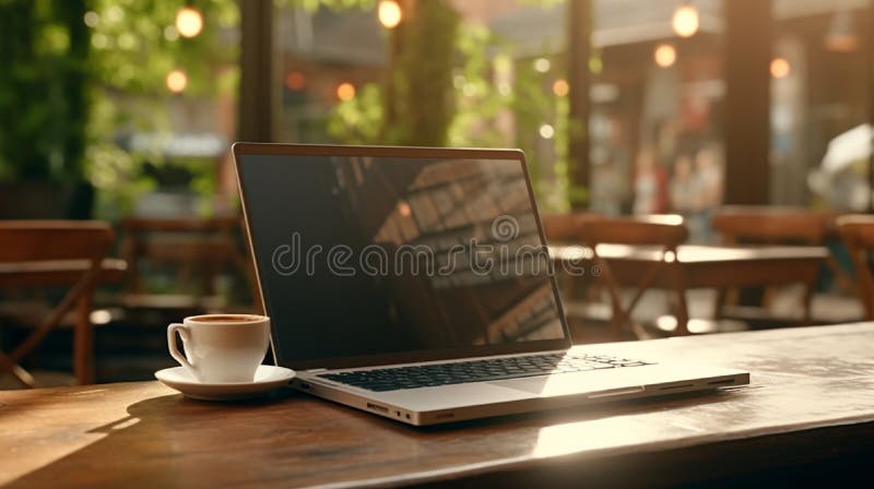 Laptop Showing Blank Screen in Coffee Shop Restaurant Stock ...