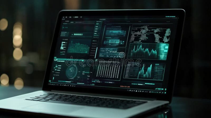 Laptop Showing Complex Futuristic Cyber Security Interface with Graphs and World Map Stock Photo ...