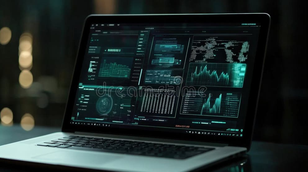 Laptop Showing Complex Futuristic Cyber Security Interface with Graphs ...
