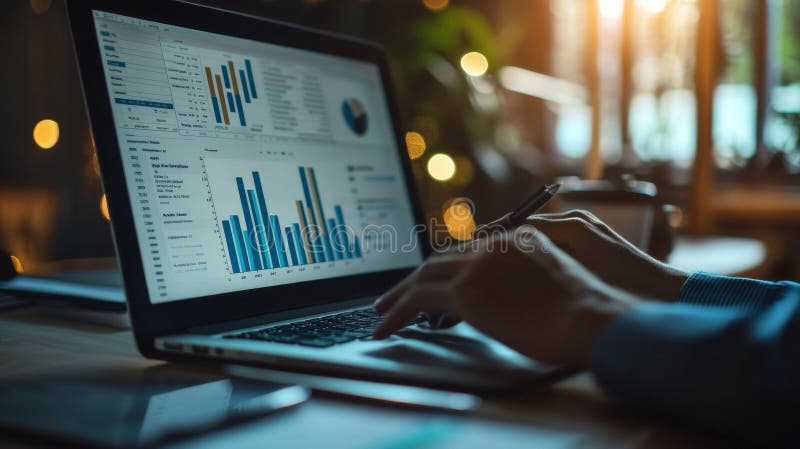 Laptop Showing Data Analytics on Desk during Sunset Stock Image - Image ...