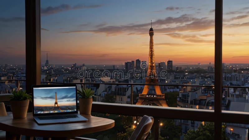 Laptop Showing Eiffel Tower at Sunset Changing Colors Stock Footage ...