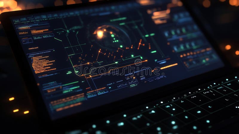 Laptop Showing Futuristic Cyber Security Interface with Blurred Lights ...