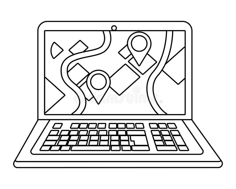 Laptop Showing Map in Black and White Stock Vector - Illustration of ...