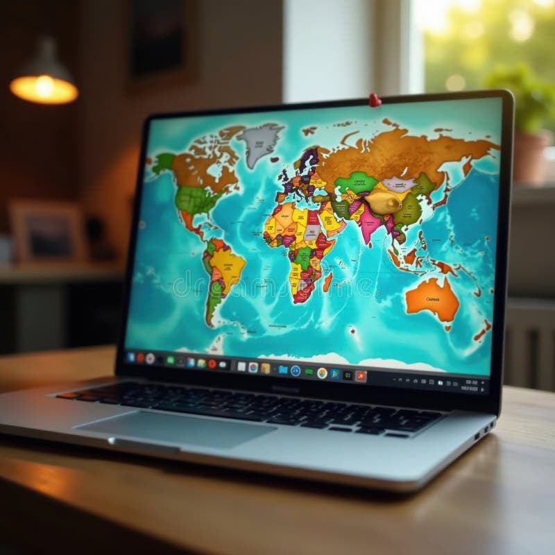 Laptop Showing Pinned World Map, Warm Interior Setting , Destinations ...