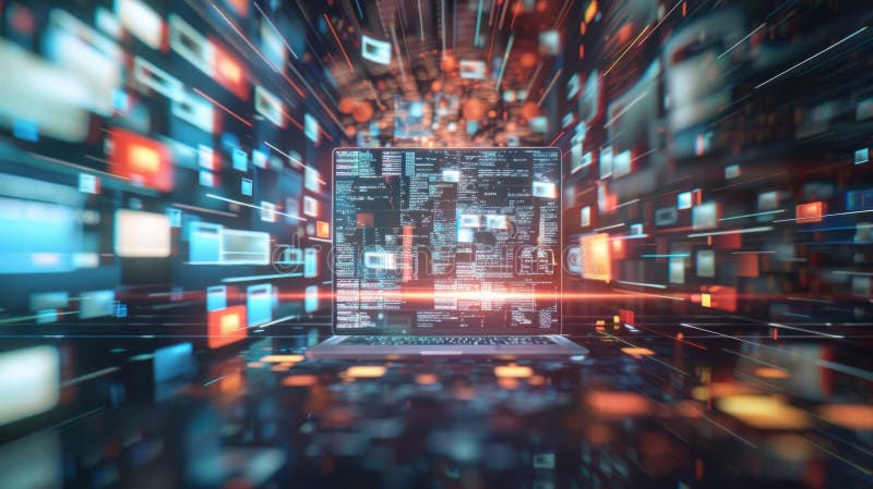 Laptop Showing Program Code is Generating a Flow of Data in a Digital Space Stock Photo - Image ...