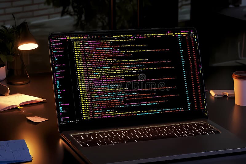Laptop Showing Programming Code on Desk at Night Illuminating Workspace Stock Image - Image of ...