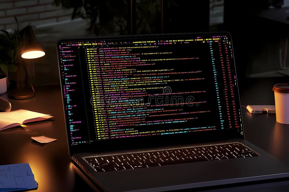 Laptop Showing Programming Code on Desk at Night Illuminating Workspace Stock Image - Image of ...