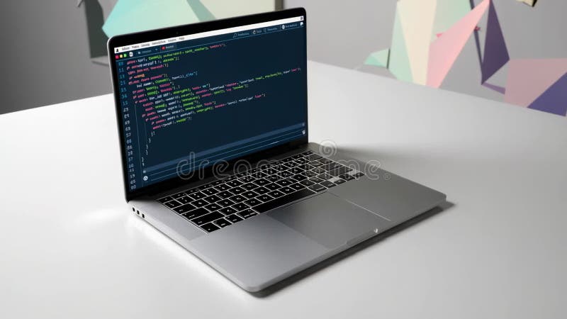 Laptop Showing Running Code on White Table in Modern Office Stock ...