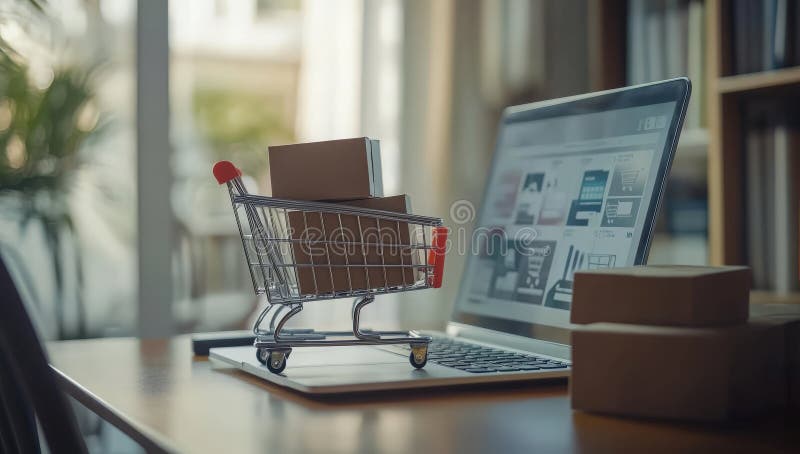 A Laptop Showing a Shopping Cart and Multiple Boxes on Screen Stock ...