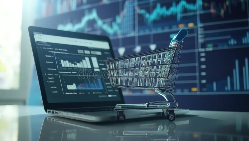 A Laptop Showing a Shopping Cart and Multiple Boxes on Screen Stock ...