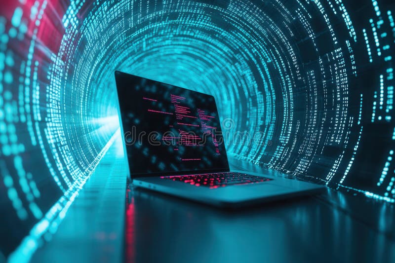 Laptop Showing Source Code Inside Futuristic Internet Tunnel Stock Image - Image of information ...