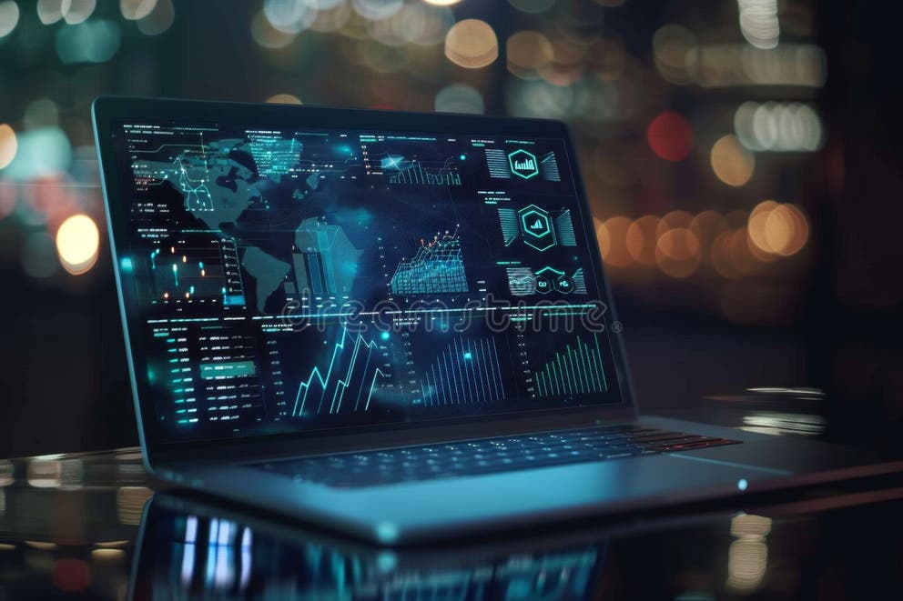 Laptop Showing Statistics and Analytics on Screen at Night Stock Photo ...