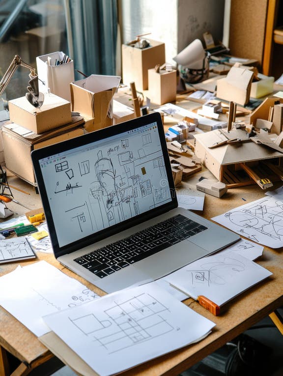 A Laptop Shows Design Sketches while Sketches and Cardboard Models ...