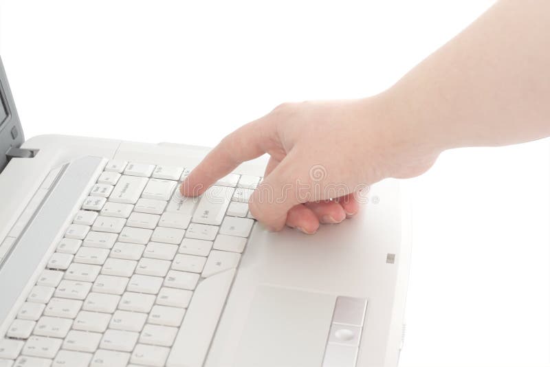 The Laptop a Side View a Female Hand Touch on Keys Stock Image - Image ...