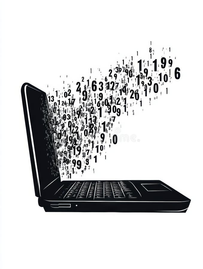 A Laptop Silhouette Emits a Stream of Falling Numbers, Symbolizing Technology and the Essence of ...