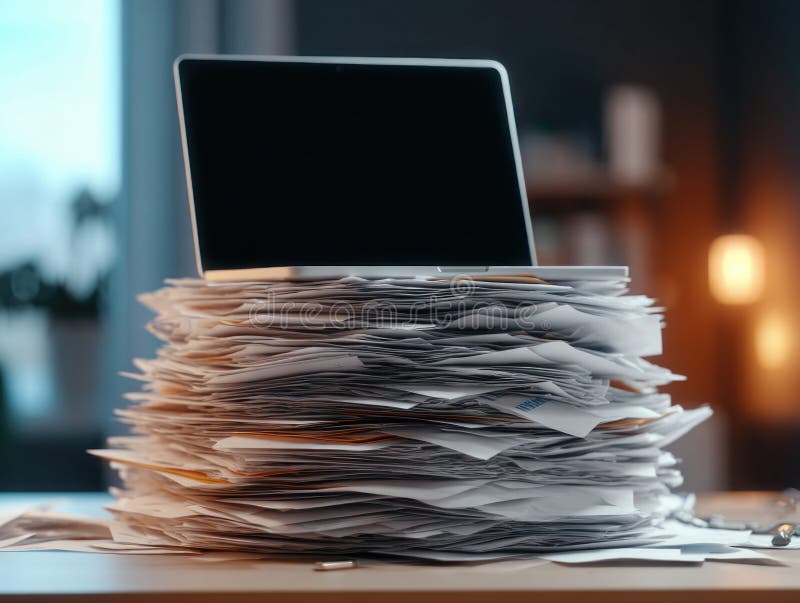 A Laptop Sits Atop a Massive Pile of Documents, Signifying Overwhelming ...