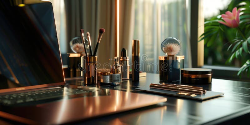 A Laptop Sits Atop a Wooden Desk, Ready for Use Stock Photo - Image of ...