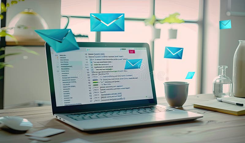 A Laptop Sits on a Desk with Envelopes Displayed on Its Screen Stock ...