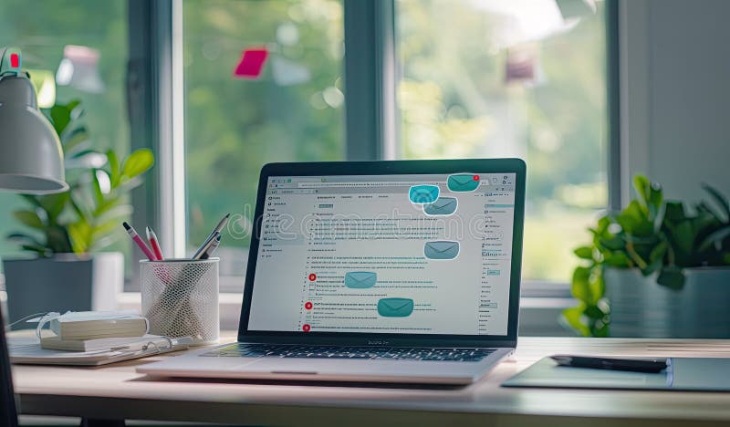 A Laptop Sits on a Desk with Envelopes Displayed on Its Screen Stock ...