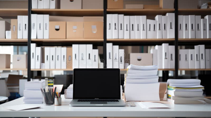 Laptop Sits on a Desk Surrounded by Towering Stacks of Papers and ...