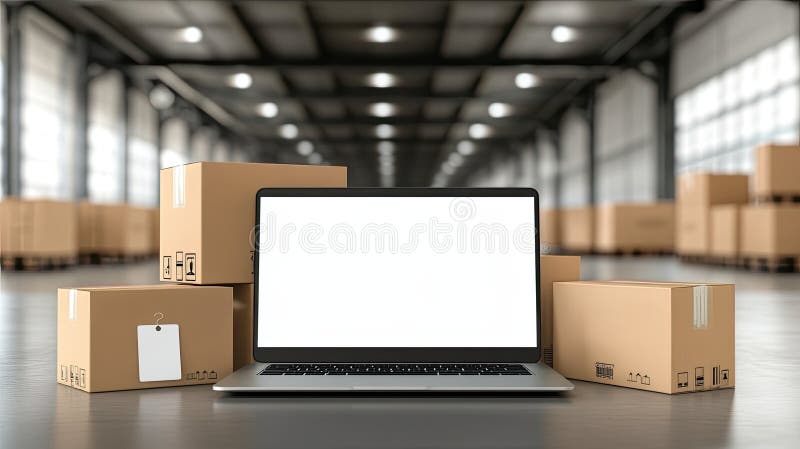 Laptop Sits in Front of a Warehouse, Ready for Use Alongside Boxes and ...