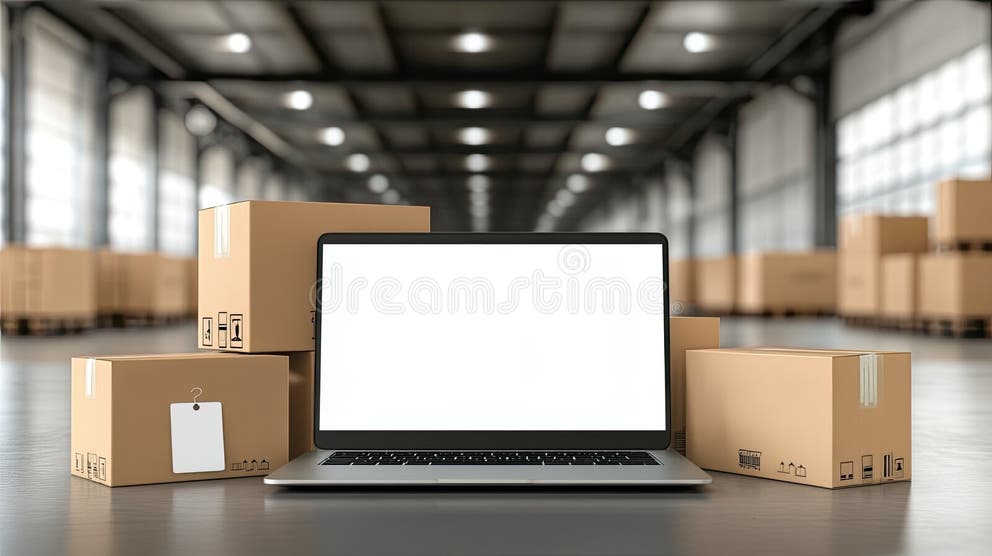 Laptop Sits in Front of a Warehouse, Ready for Use Alongside Boxes and ...