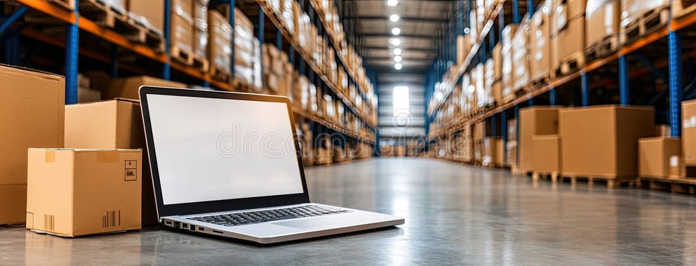 Laptop Sits in Front of a Warehouse, Ready for Use Alongside Boxes and ...