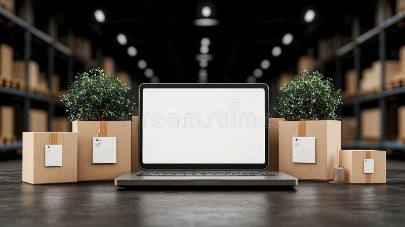 Laptop Sits in Front of a Warehouse, Ready for Use Alongside Boxes and ...