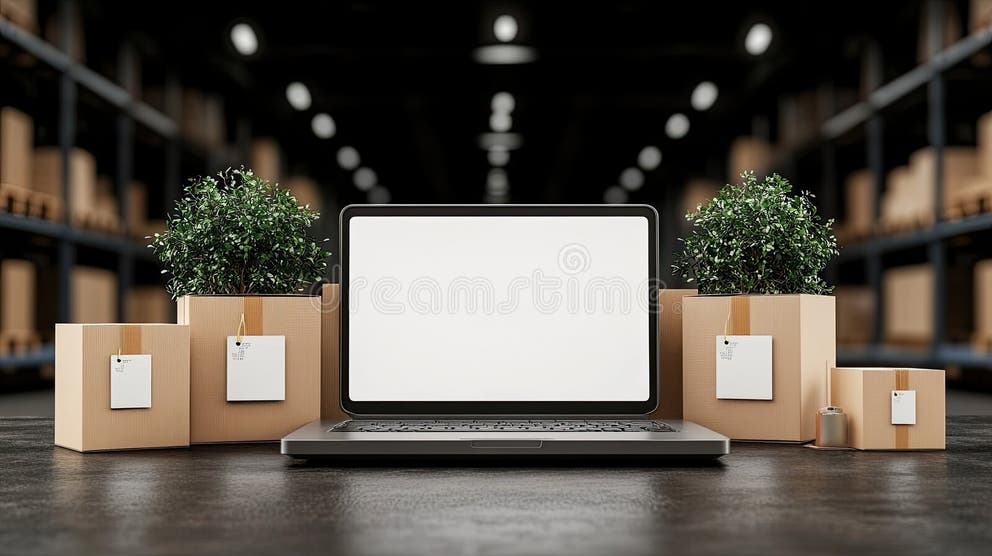 Laptop Sits in Front of a Warehouse, Ready for Use Alongside Boxes and ...