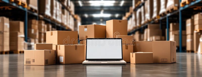 Laptop Sits in Front of a Warehouse, Ready for Use Alongside Boxes and ...