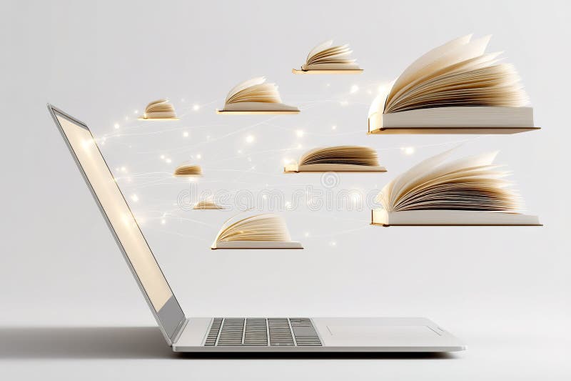 Books Floating from Laptop Screen Symbolize the Fusion of Technology ...