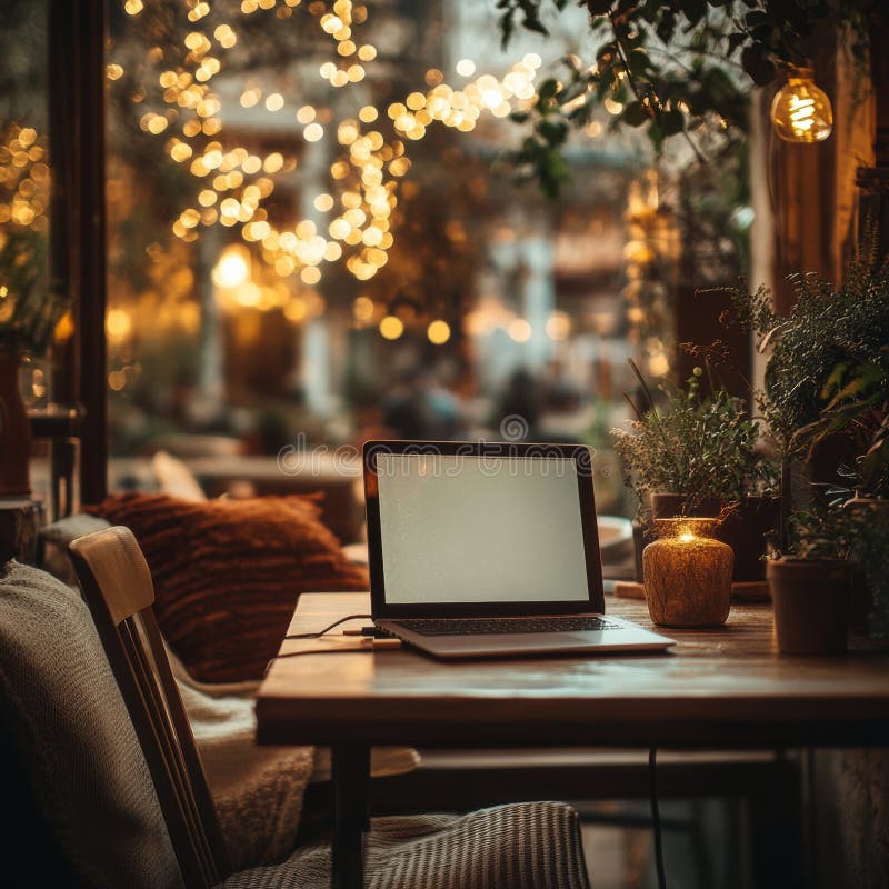 A Laptop Sits on a Rustic Wooden Table, Surrounded by Plants and Soft ...