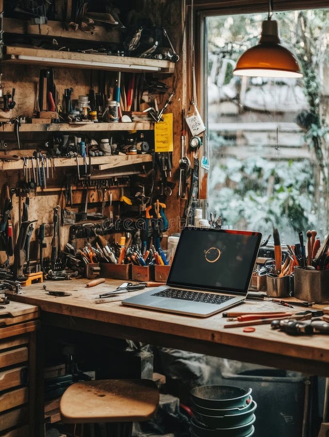 A Laptop Sits on a Workbench, Illuminated by Natural Light, Amidst a Variety of Tools and ...