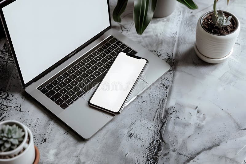Laptop and Smart Phone Mock Up, White Blank Screen Stock Photo - Image ...