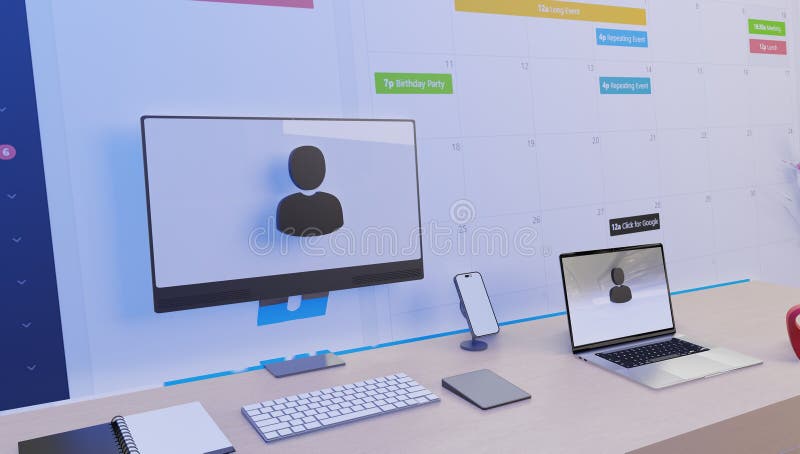 Laptop and Smartphone on Desk with Illustration of User Icons and Date ...