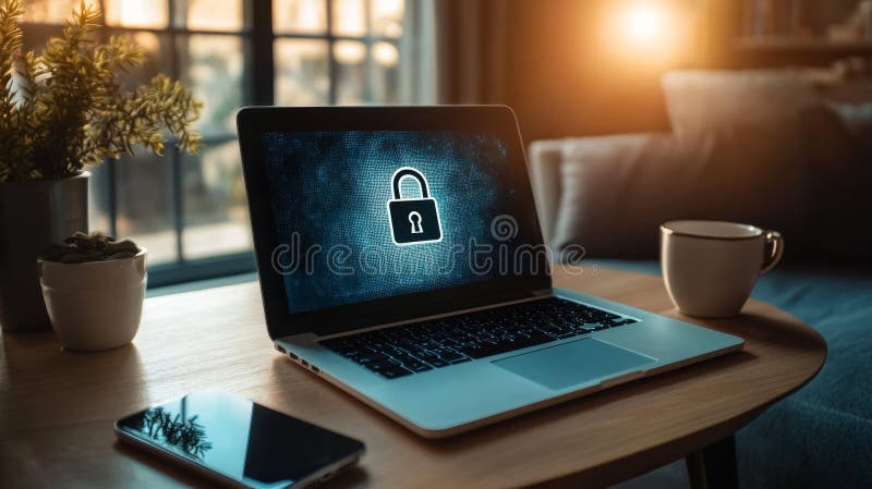 Laptop and Smartphone with Digital Lock Icons on the Screen in a Cozy ...