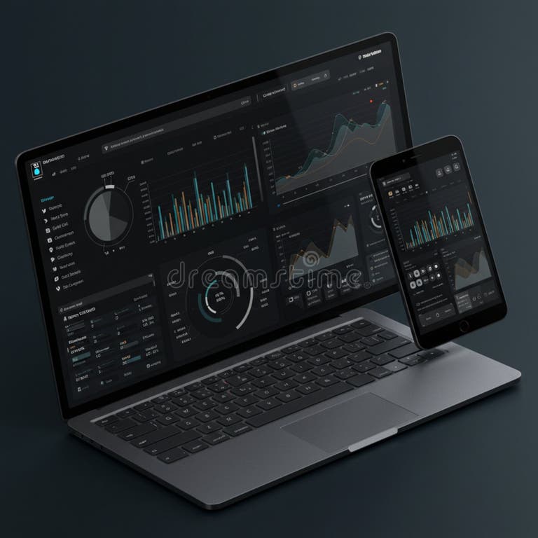 A Laptop and Smartphone Display Complex Data Dashboards Against a Dark ...
