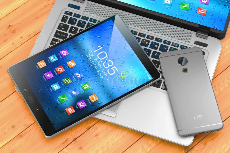 Laptop, Smartphone, Pad on Wooden Table. Mobile Devices. 3d Rend Stock ...