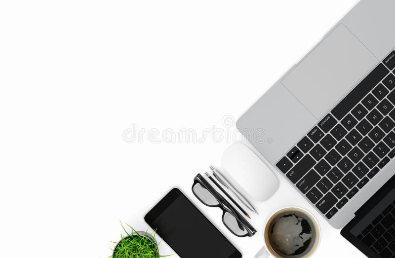 Laptop and Smartphone on White Table, Top View with Copy Space, 3d ...