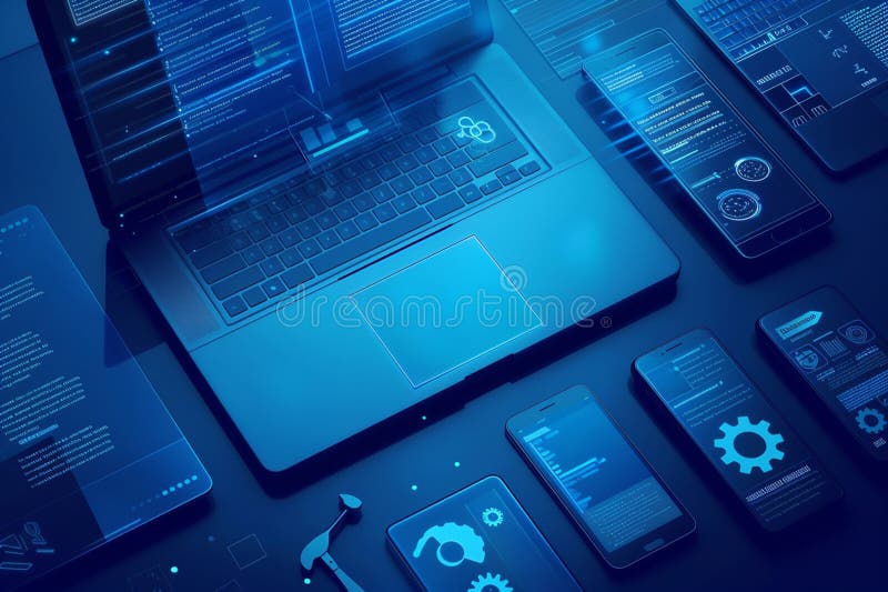 Laptop and Smartphones Arrayed with Holographic Interface, Blue ...