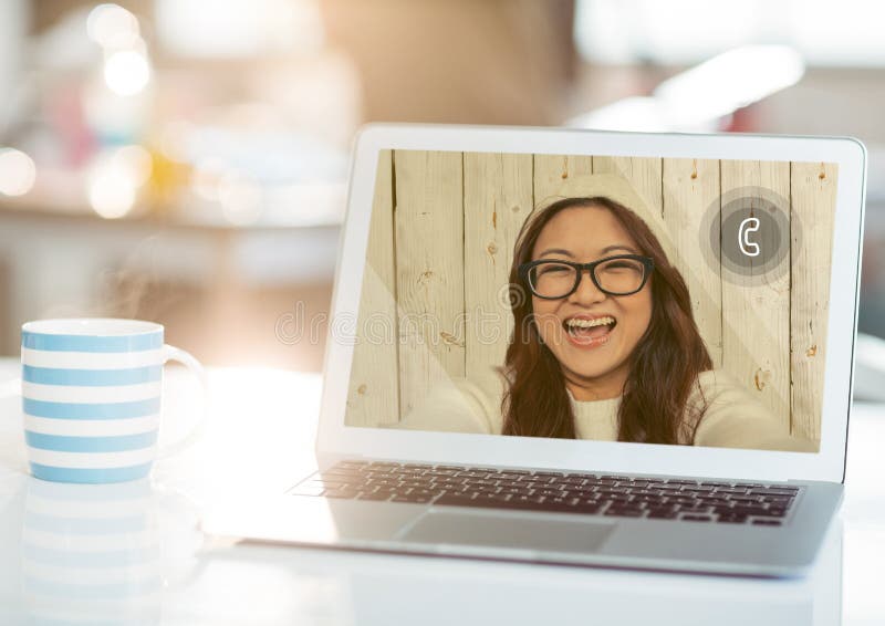 Laptop with Smiling Woman on Video Call Screen Stock Illustration ...
