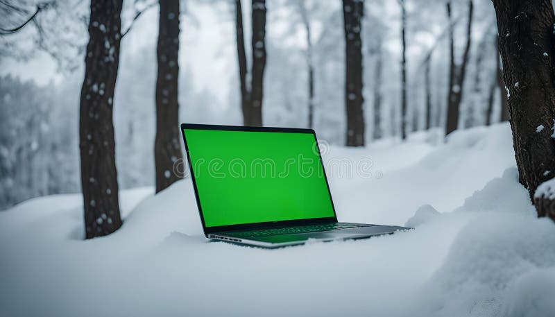 Laptop in snowy forest stock photo. Image of focus, forest - 348605866